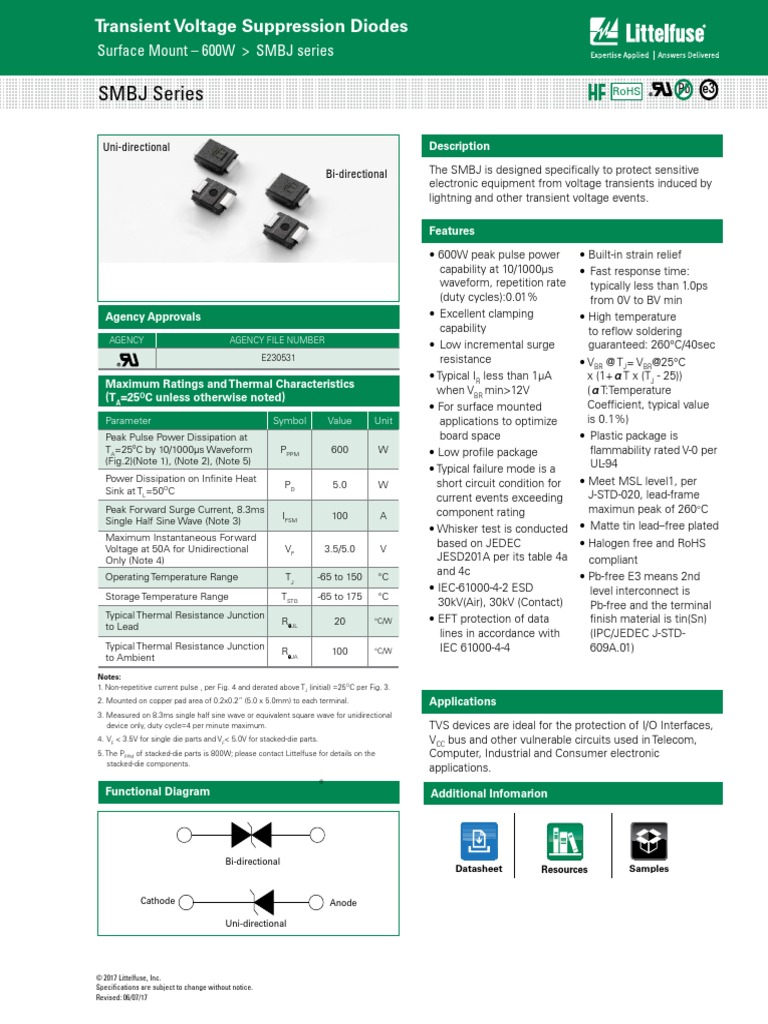 Littelfuse TVS Diode SMBJ Datasheet PDF | PDF | Diode | Physical Quantities