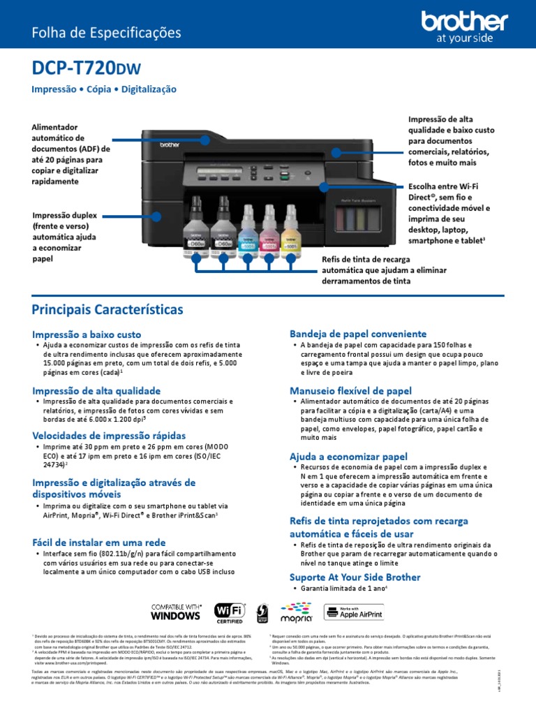 Brother DCP-T720DW Specs | PDF | Impressão | Wi-Fi