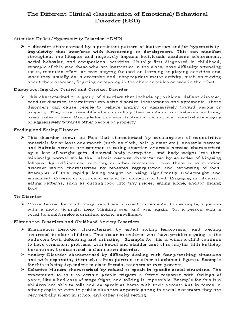 The Different Clinical Classification of Emotional/Behavioral Disorder ...