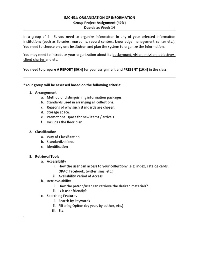 Imc 451: Organization of Information Group Project Assignment (40%) Due ...