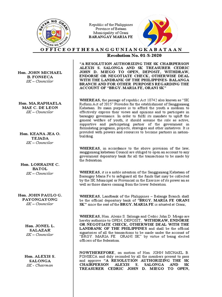 SK Reso For Opening of Bank Account | PDF | Policy | Justice