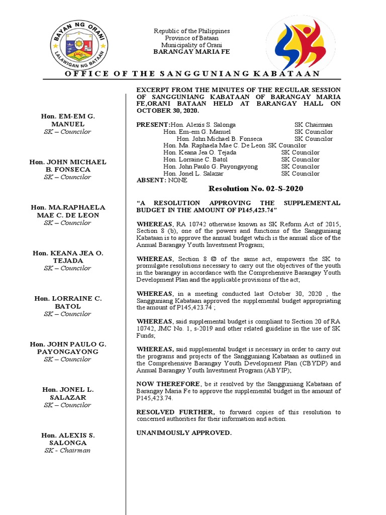SK Reso For Approving Supplemental Budget | PDF | Policy | Government