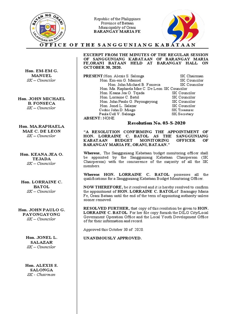 Resolution Confirming The Appointment of SK Councilor As BMO | PDF ...