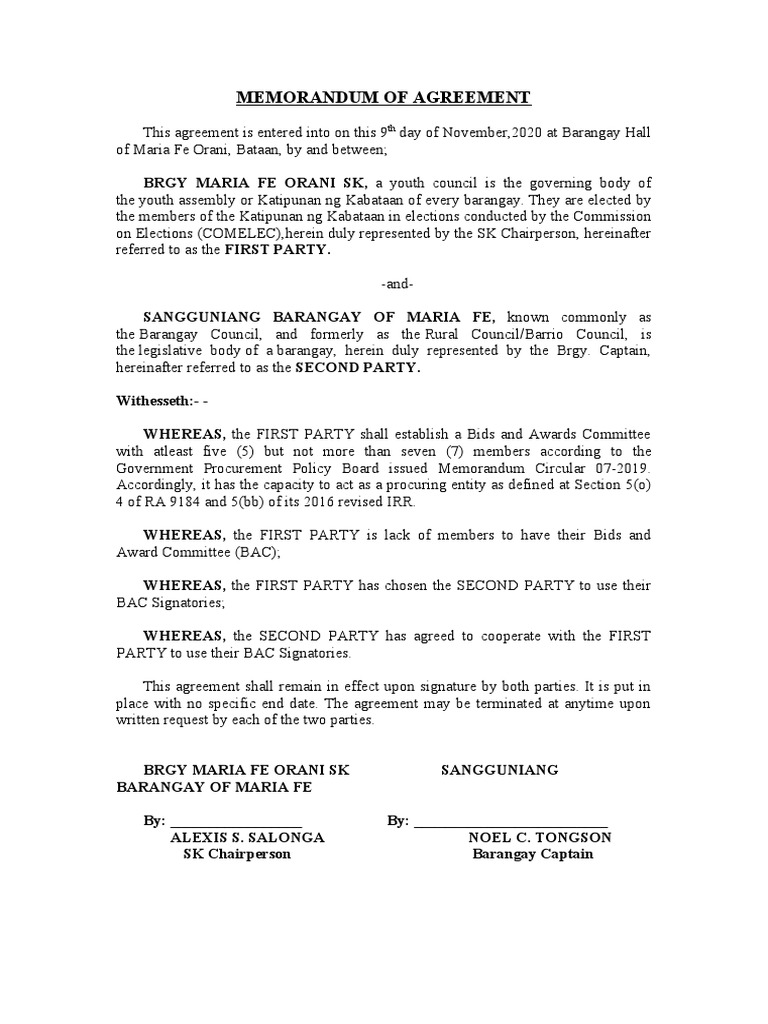 MEMORANDUM OF AGREEMENT Betwee SB and SK