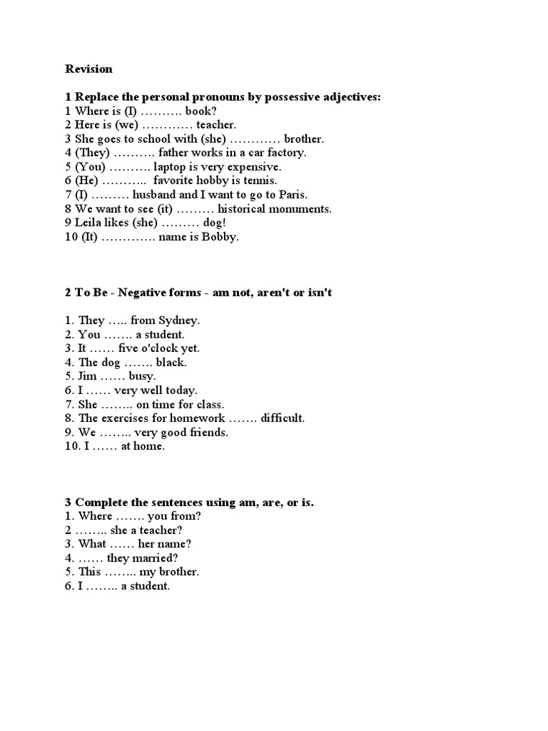 Revision 1 Replace The Personal Pronouns by Possessive Adjectives | PDF