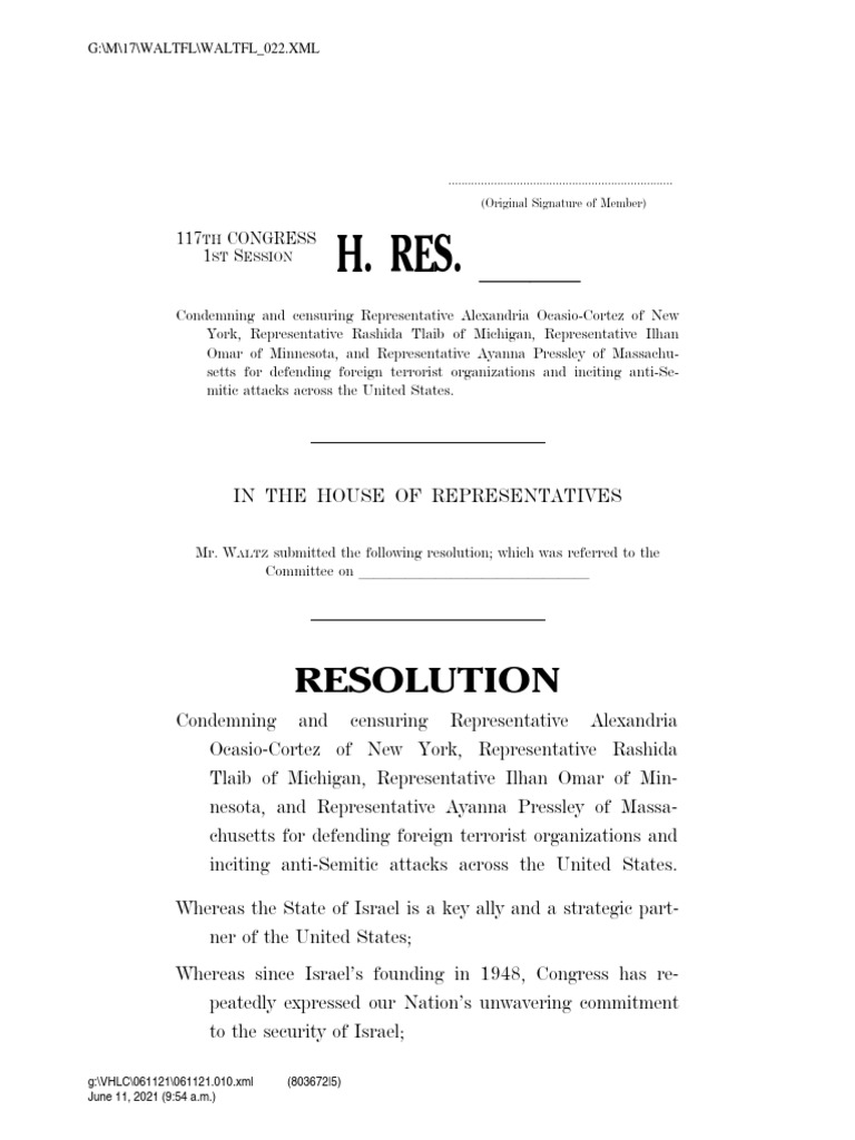 Waltz Censure Resolution Against Omar, Ocasio-Cortez, Pressley, Tlaib ...