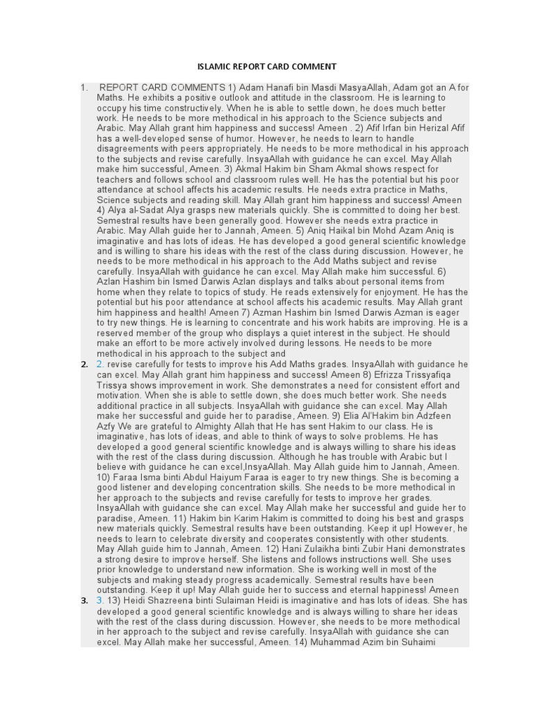 Islamic Report Card Comment | PDF | Teachers | Science