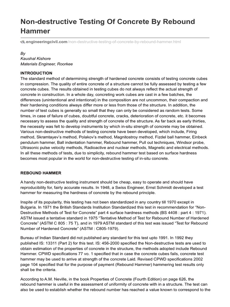 Non-Destructive Testing of Concrete by Rebound Hammer | PDF ...