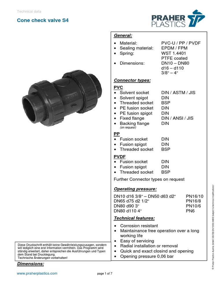 Cone Check Valve S4 PVC - PP - PVDF 1 | PDF | Tap (Valve) | Hydraulics