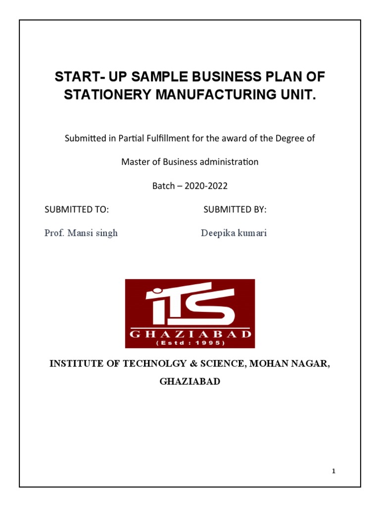 Start - Up Sample Business Plan of Stationery Manufacturing Unit Mba ...