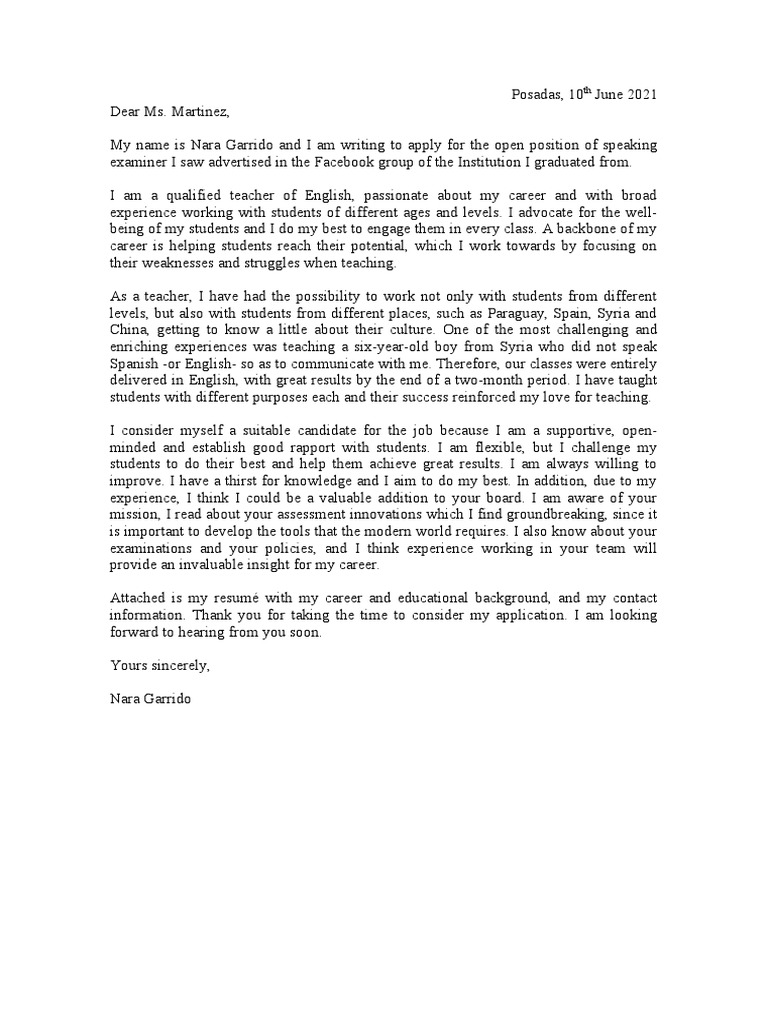 Cover Letter ESL Teacher | PDF