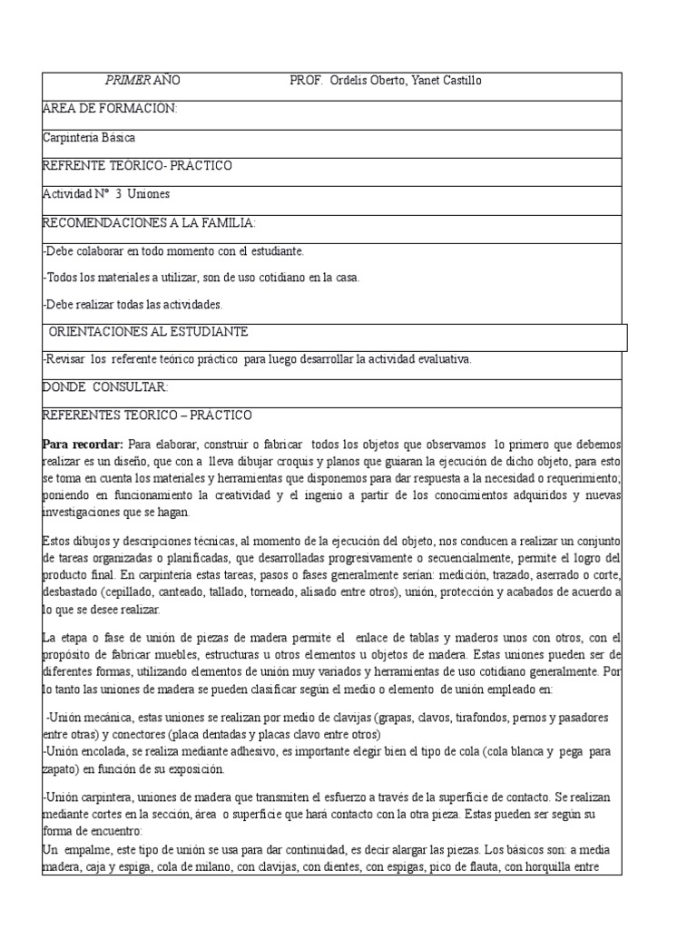 GUIA PEDAGOGICA No. 3 Carpintería 1er Año Yanet Castillo 3er Momento ...