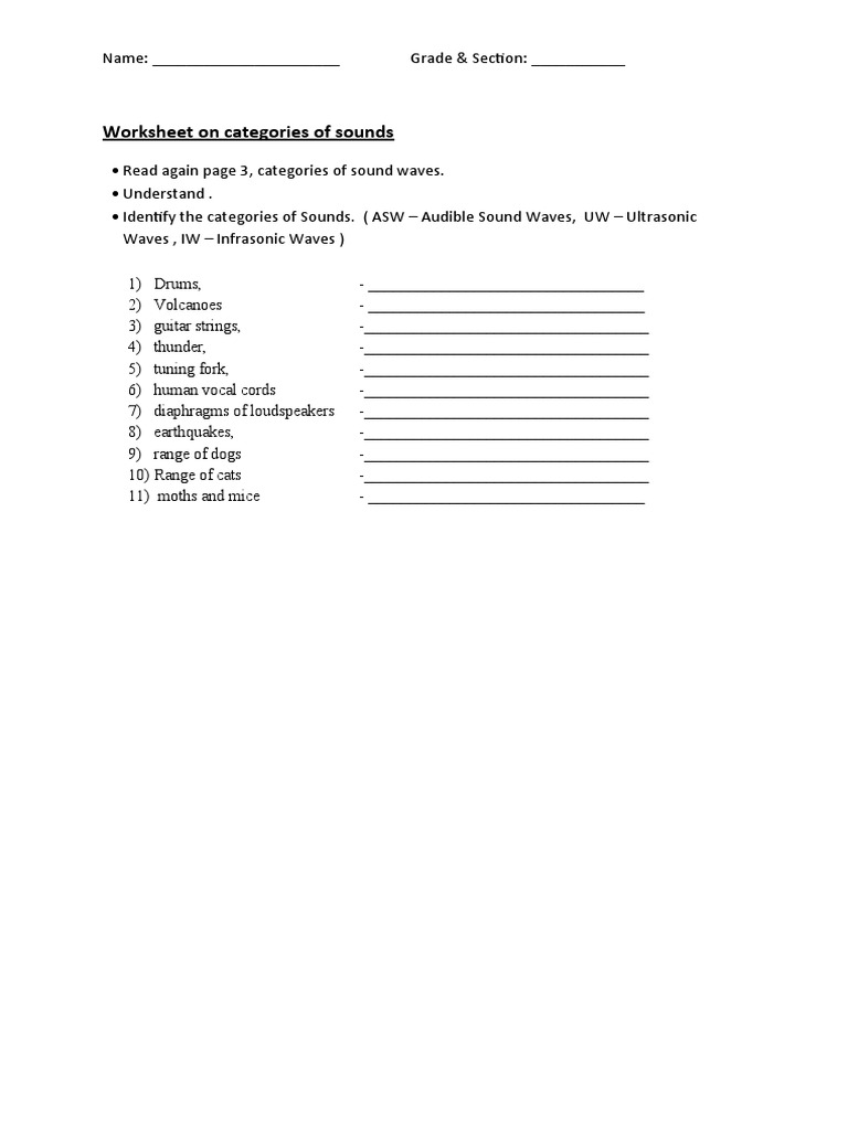 Grade 7 Sound Waves Worksheet | PDF | Noise | Sound