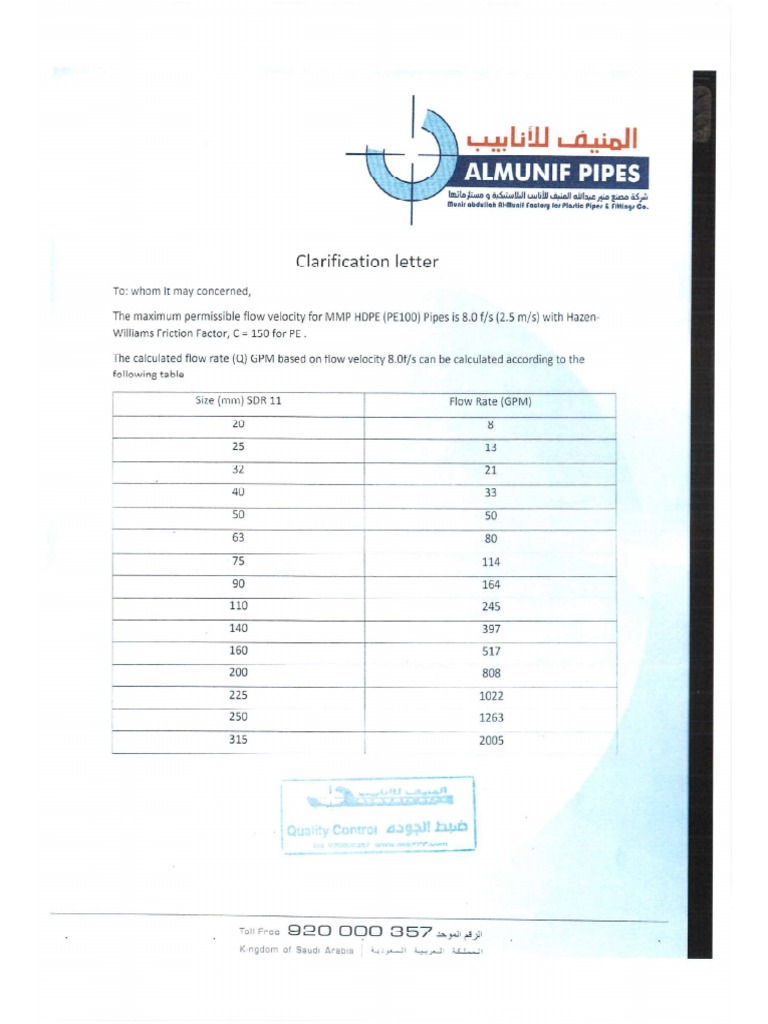 HDPE Pipe Flow Rate Table | PDF