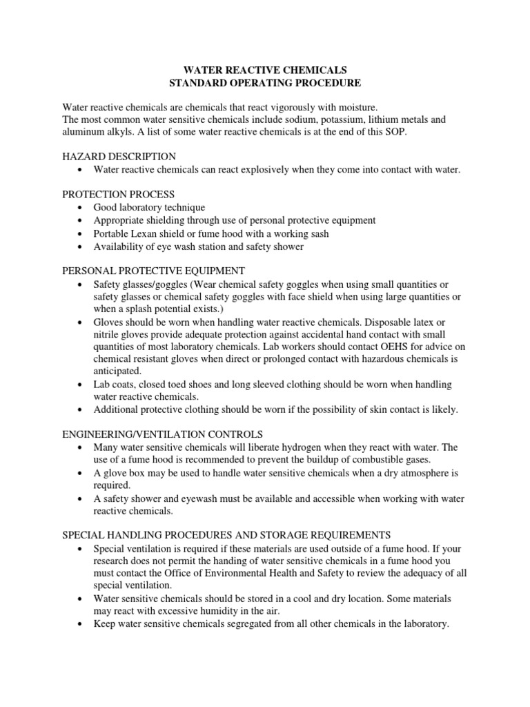 Water Reactive Chemicals | PDF | Laboratories | Personal Protective ...