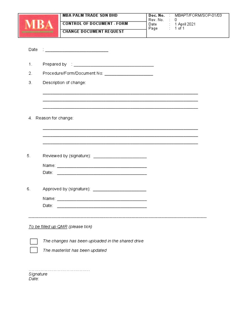 Mba Palm Trade SDN BHD Doc. No. Control of Document - Form Change ...