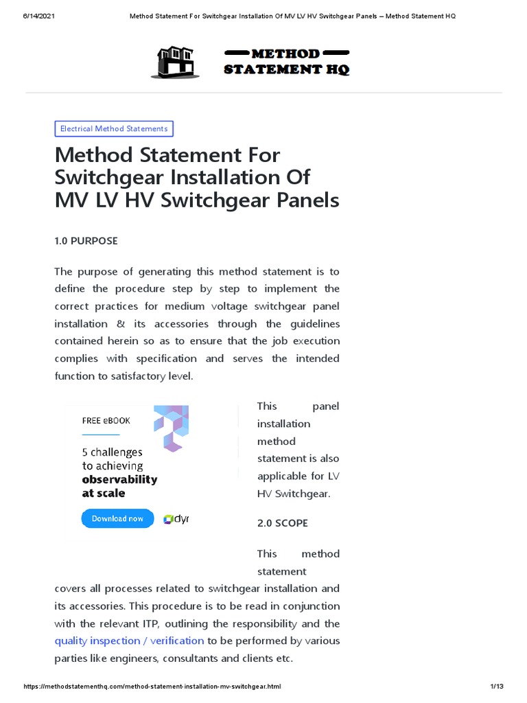 Method Statement For Switchgear Installation of MV LV HV Switchgear ...