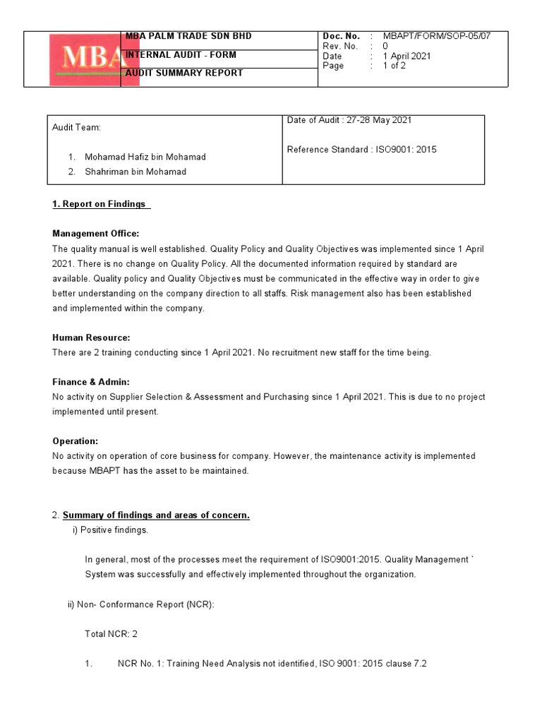 Form 07 Internal Audit Summary Report | PDF | Iso 9000 | Business ...