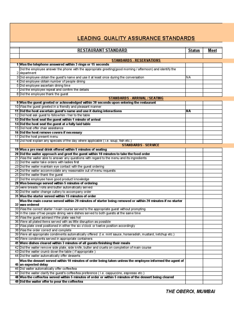 LQA Restaurant Standards | PDF | Waiting Staff | Tableware