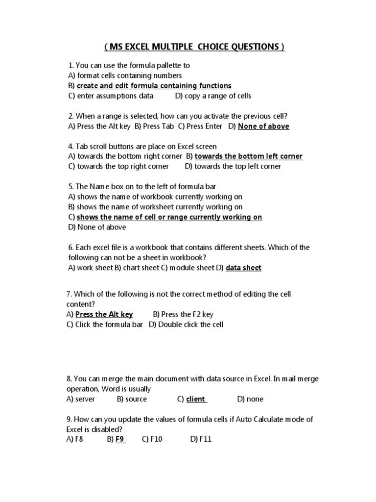 Ms Excel MCQ | Download Free PDF | Microsoft Excel | Spreadsheet
