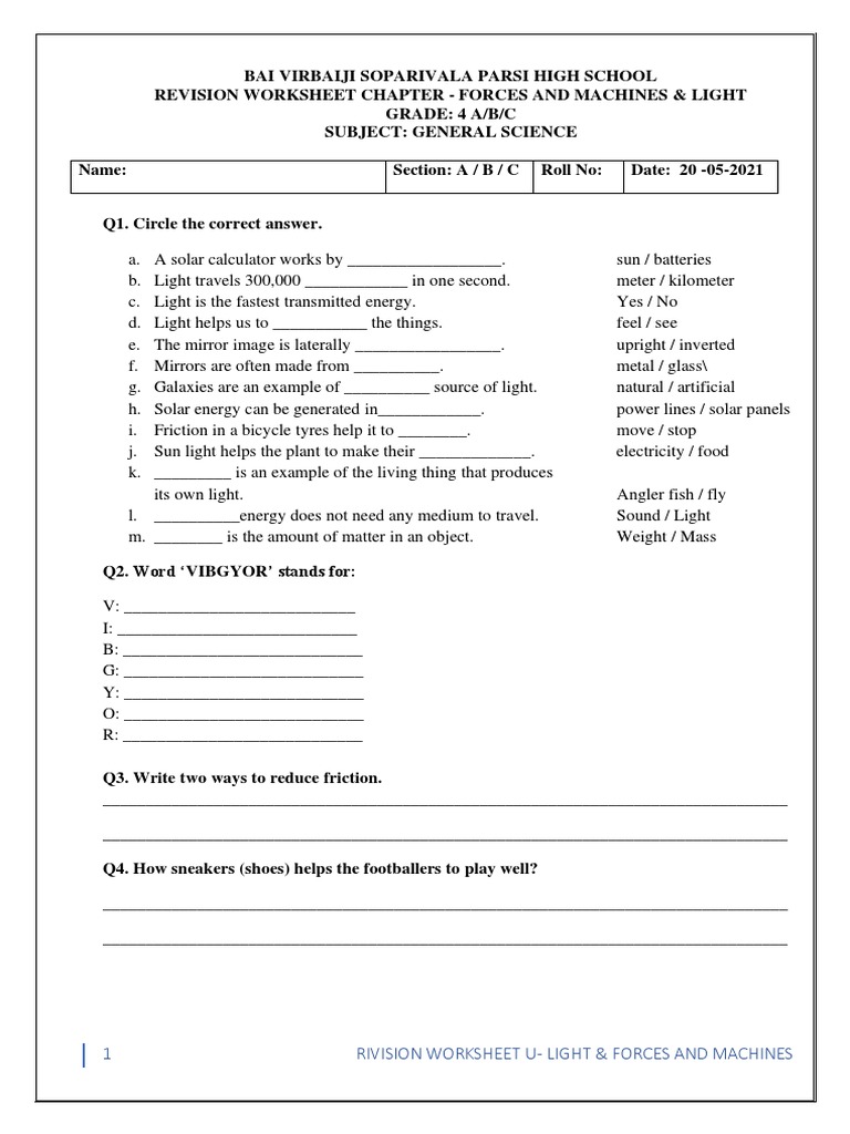 Grade 4 Light & Forces Revision Worksheet | PDF | Rainbow | Light