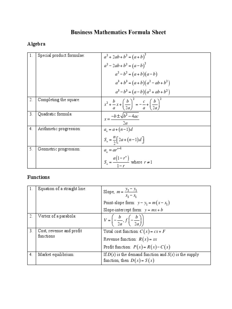 Business Mathematics - Formula Sheet | PDF | Logarithm | Exponential Function