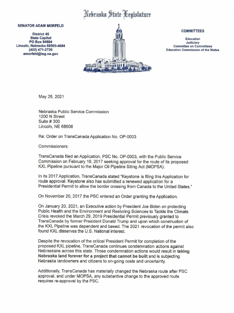 Nebraska State Sen. Eliot Bostar & Sen. Adam Morfeld Letter To PSC Re ...
