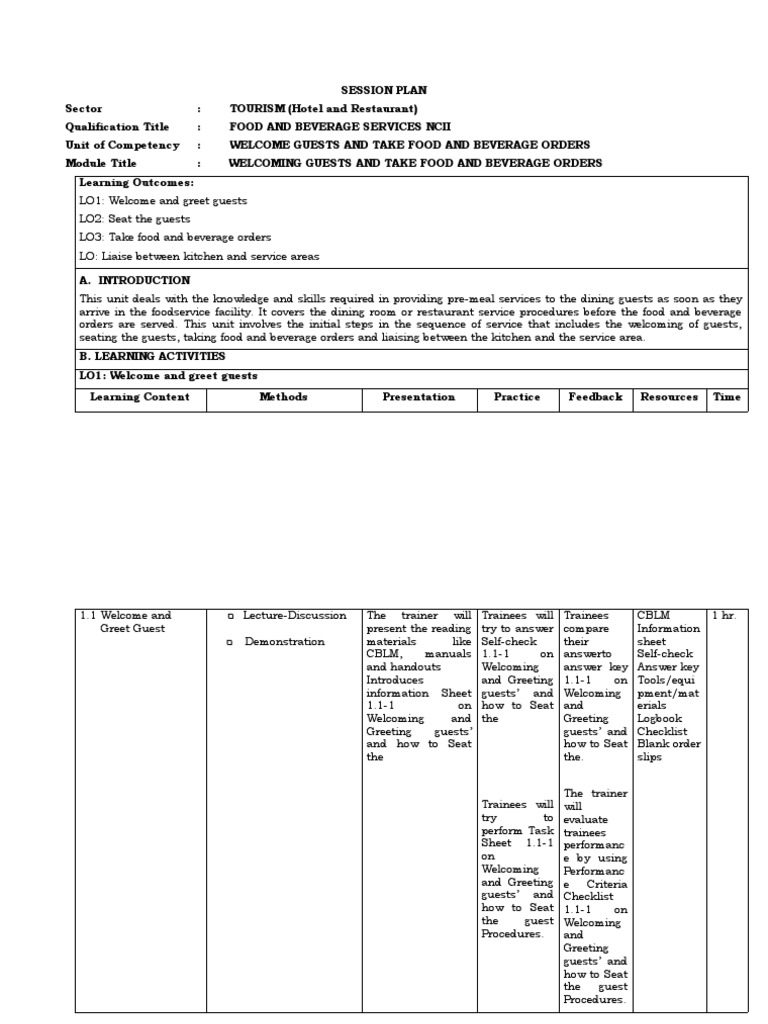 FBS Session Plan Lo3 | PDF | Tableware | Foodservice