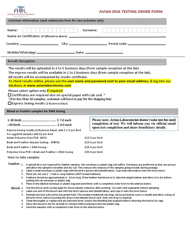 Avian Dna Testing Order Form: Customer Information (Each Submission ...