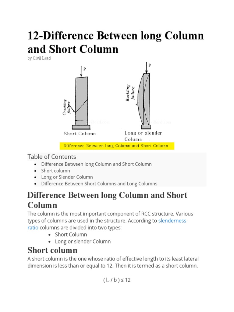 Difference Between Long Column and Short Column | PDF | Buckling | Column