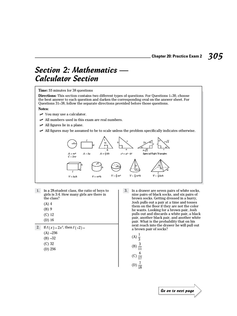 305 Section 2: Mathematics - Calculator Section: Chapter 20: Practice ...