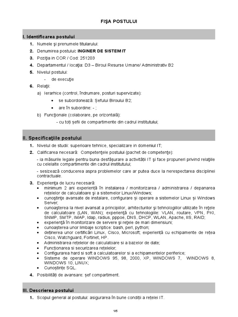 FISA POST - Inginer Sistem IT | PDF