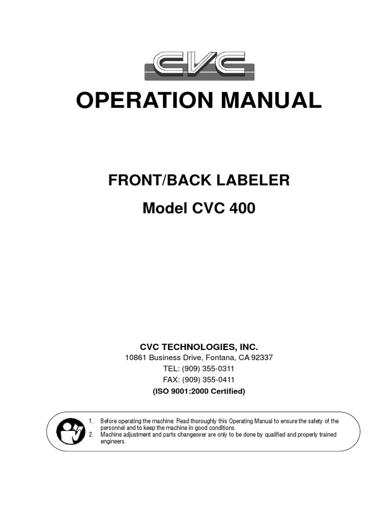 Operation Manual: Front/Back Labeler Model CVC 400 | PDF | Safety ...