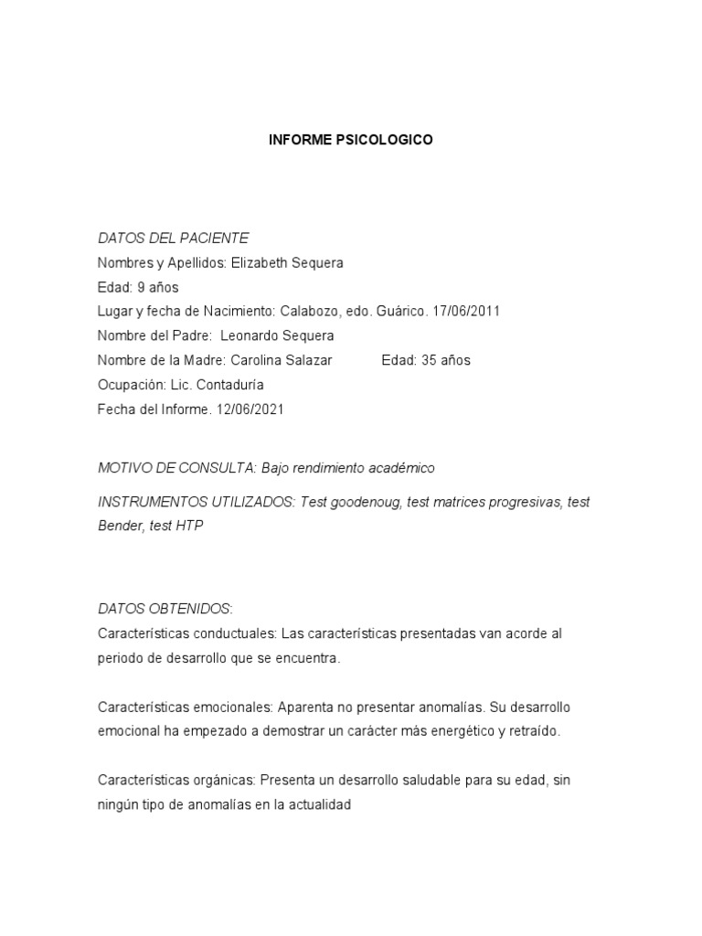Informe Psicologico Jorge Paez | PDF | Cociente de inteligencia | Ciencias del comportamiento
