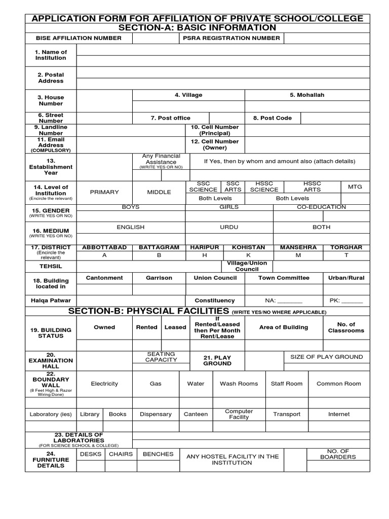 Application Form For Affiliation of Private School/College Section-A ...
