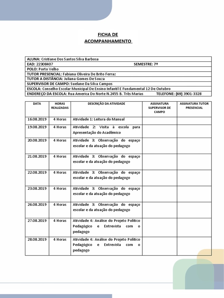 Ficha de Acompanhamento Modelo Estagio 7 Periodo | PDF | Pedagogia ... Ficha de Acompanhamento Modelo Estagio 7 Periodo | PDF | Pedagogia ...