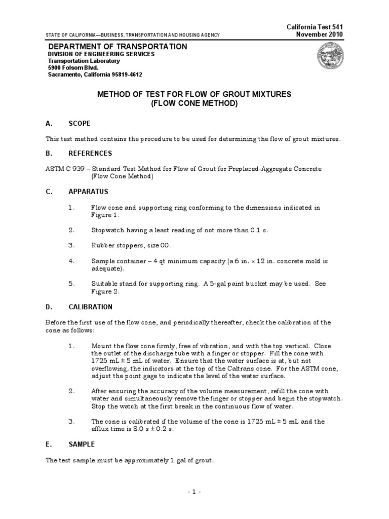 Department of Transportation: Method of Test For Flow of Grout Mixtures ...