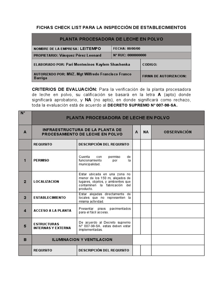 Checklist Inspección Planta Leche en Polvo | PDF | Contaminación ...