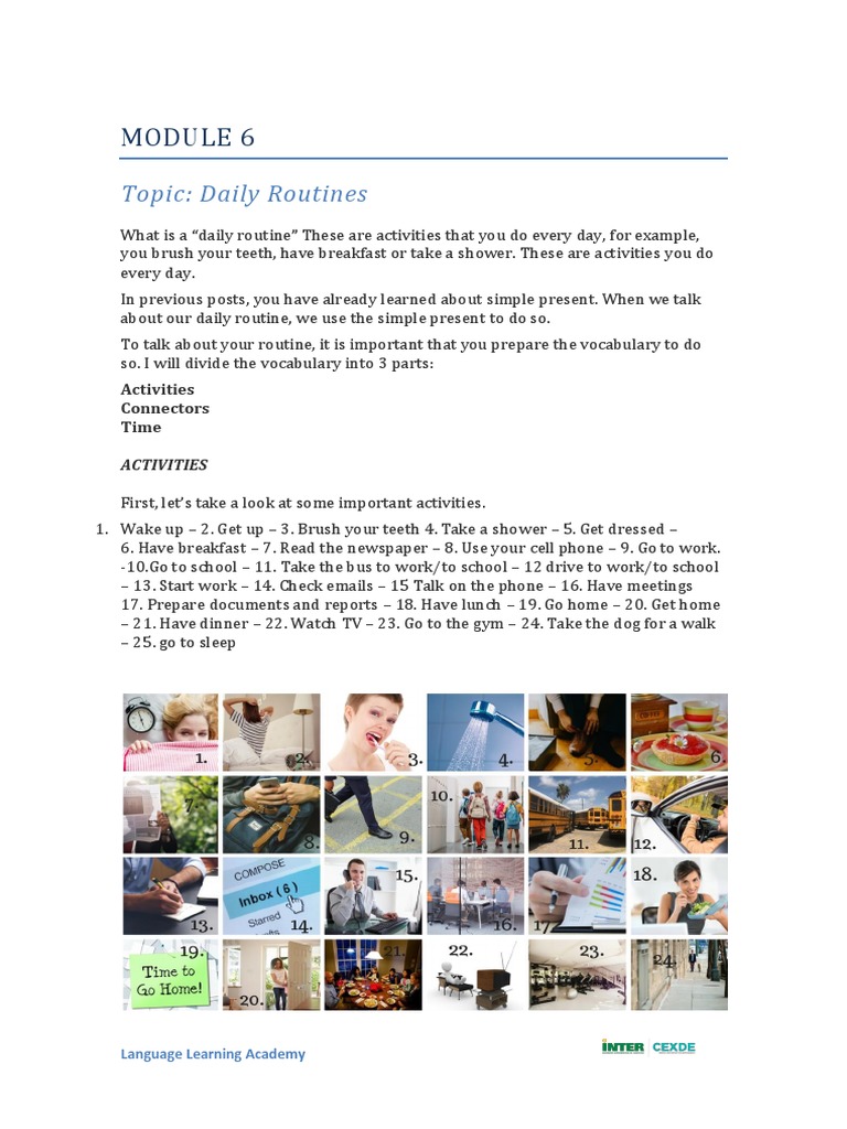 Topic: Daily Routines: Activities Connectors Time | Download Free PDF ...