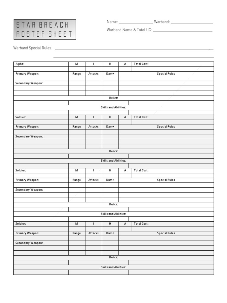 Star Breach Roster Sheet | PDF | Leisure | Sports