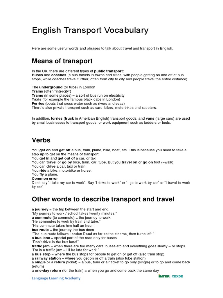 English Transport Vocabulary | PDF | Bus | Train