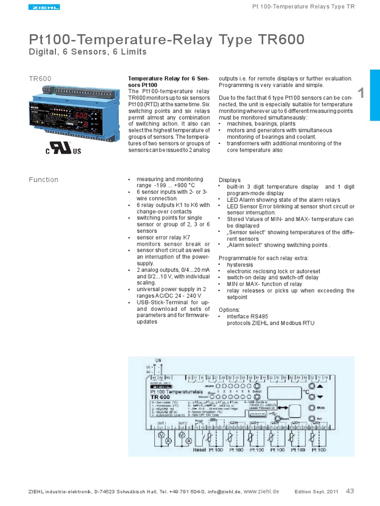 Pt100-Temperature-Relay Type TR600: Digital, 6 Sensors, 6 Limits | PDF