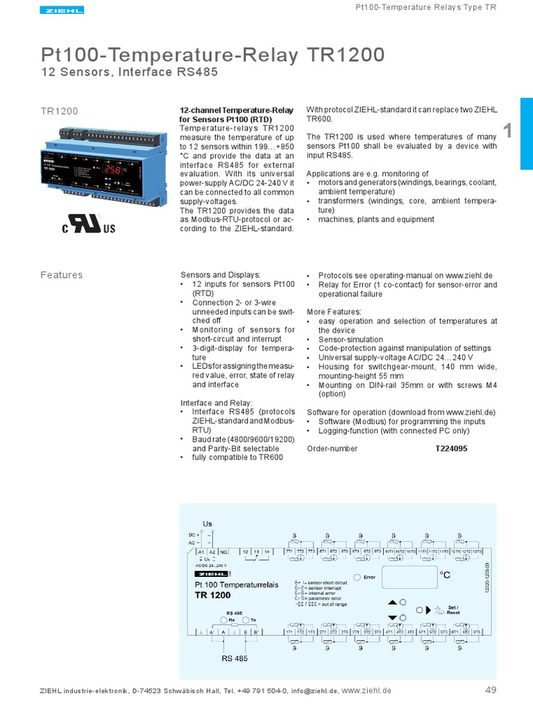 Pt100-Temperature-Relay TR1200: 12 Sensors, Interface RS485 | PDF ...