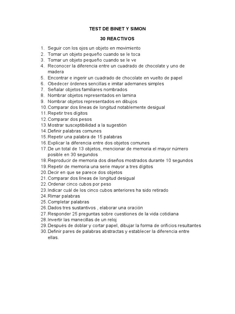 TEST DE BINET Y SIMON 30 Reactivos | PDF
