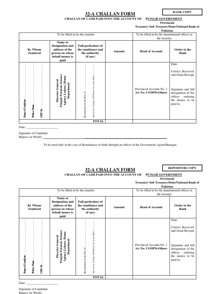 32-A Challan Form For Recruitment Processing Fee | PDF | Financial Services | Banking