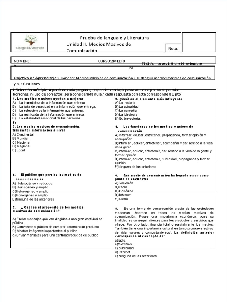 Prueba sobre Medios Masivos de Comunicación | PDF | Radiodifusión ...