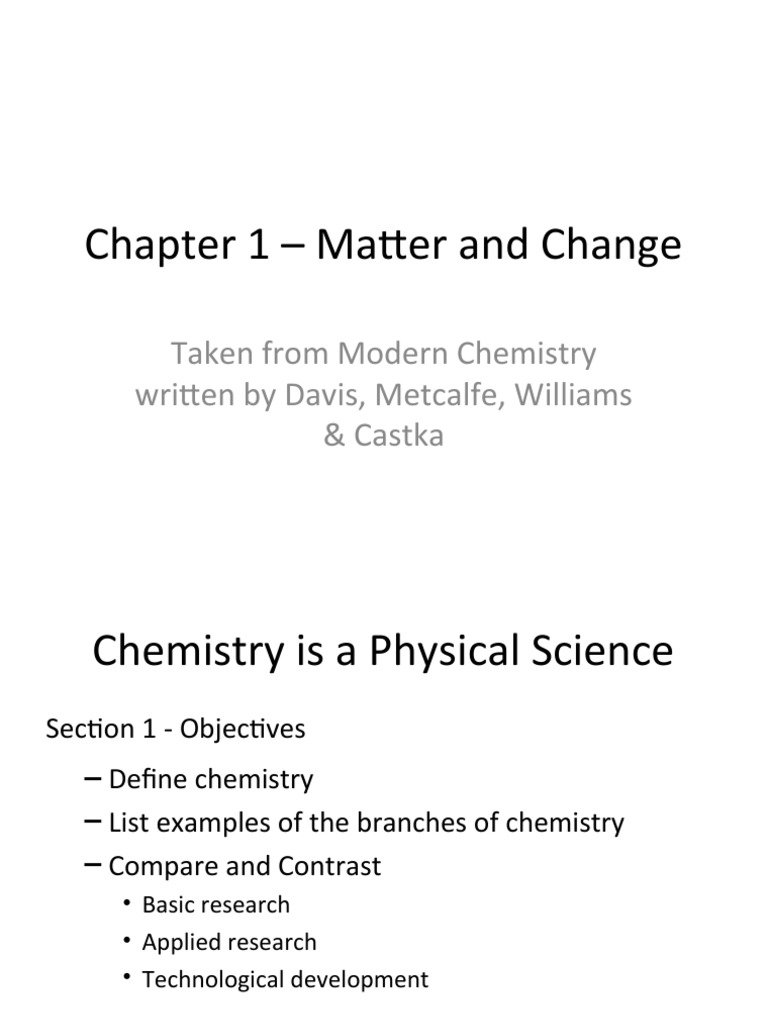 Chapter 1 - Matter and Change: Taken From Modern Chemistry Written by ...