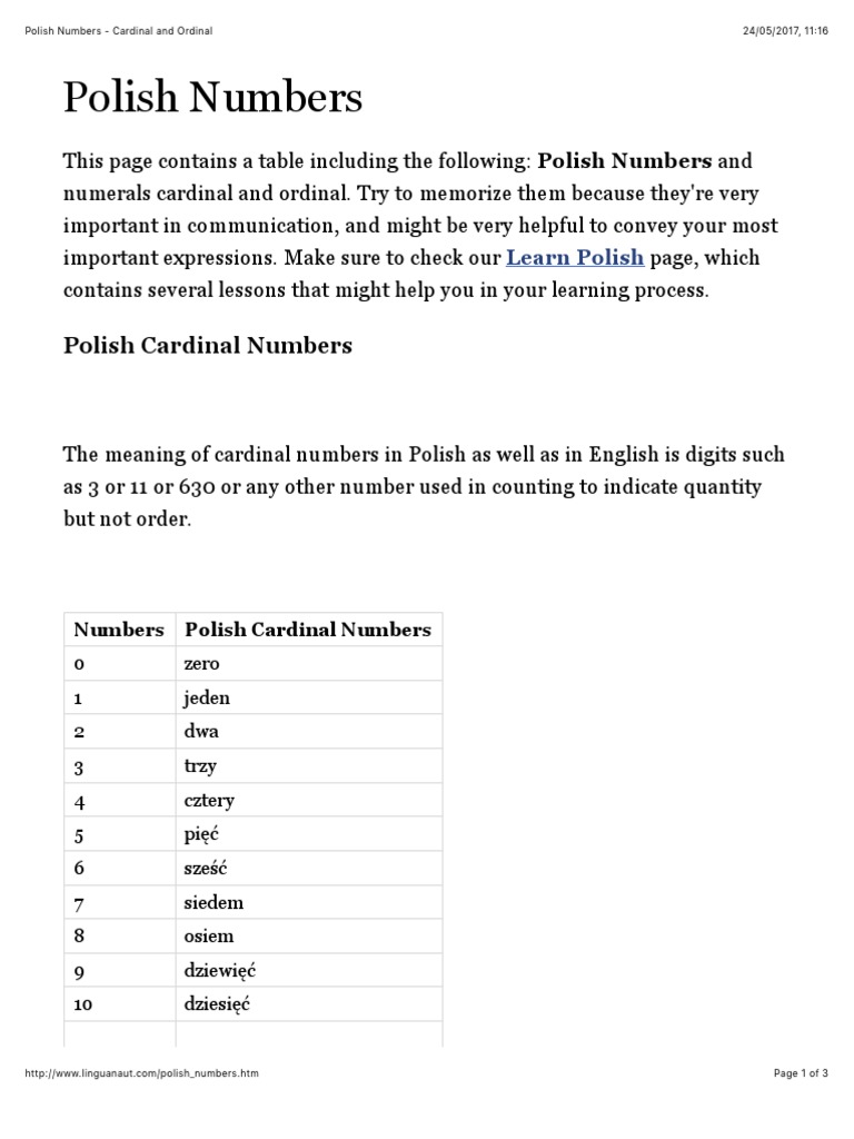 Polish Numbers - Cardinal and Ordinal | PDF | Grammatical Number ...