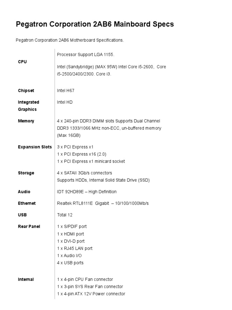 Pegatron Corporation 2AB6 Mainboard Specs | PDF