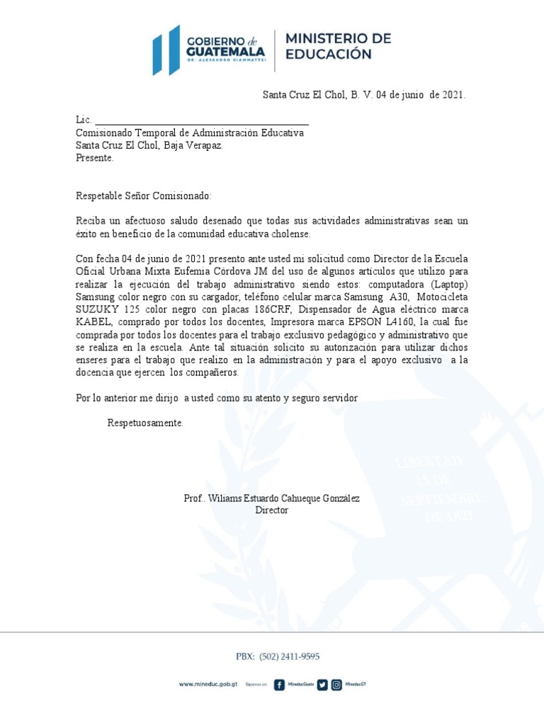 Solicitud Por Enseres De Uso Docente Pdf